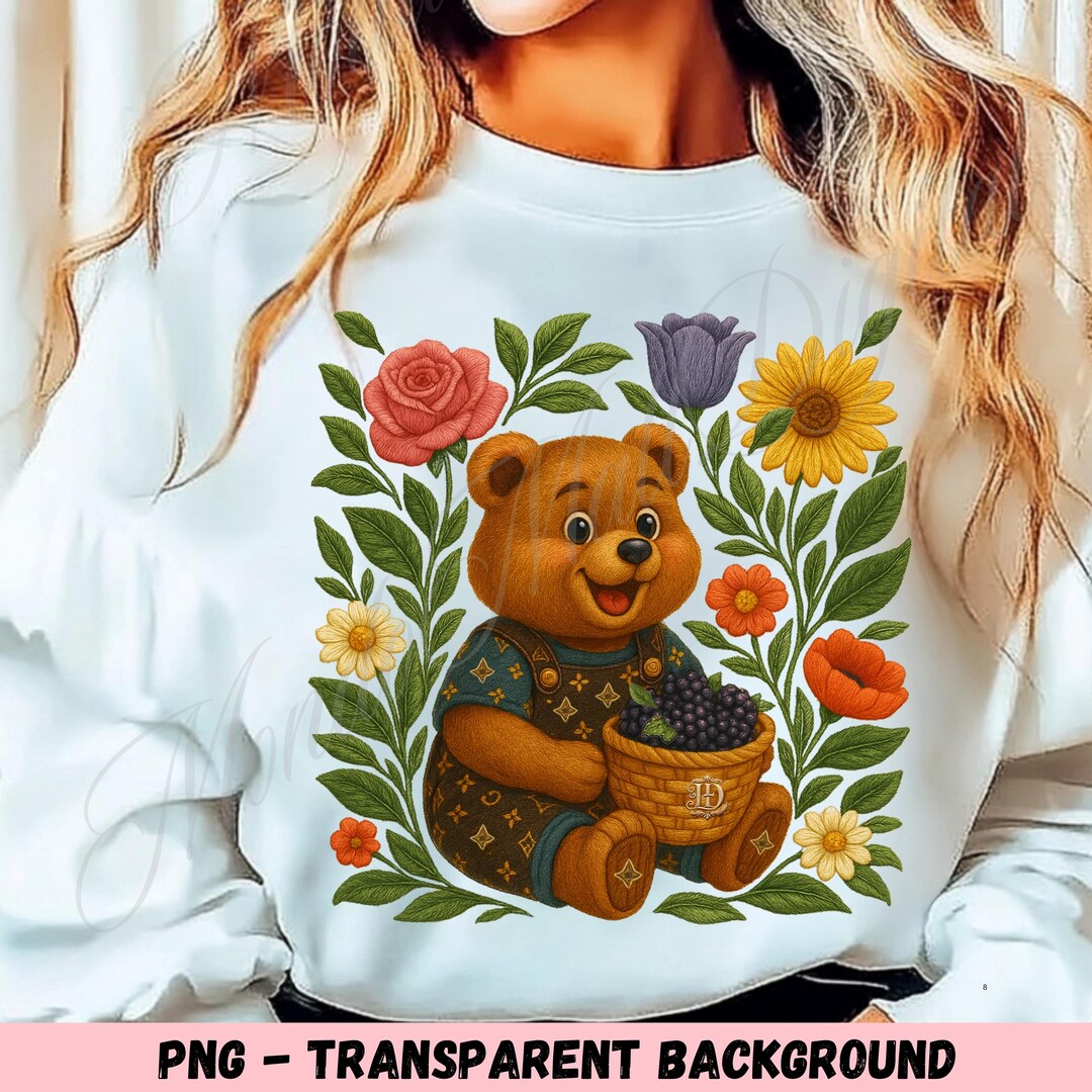 Luxury Teddy Bear PNG: Designer Outfit, Berries & Flowers (digital ...