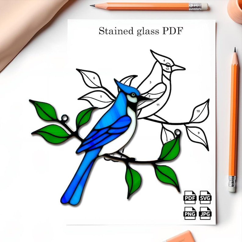 Blue Jay Stained Glass Suncatcher Pattern, Bird Art Glass Ornament ...