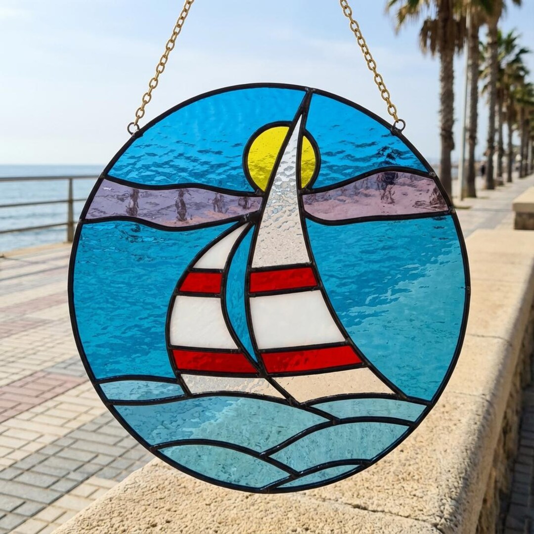 Nautical Landscape Stained Glass Pattern - Ocean Sailboat, Coastal ...