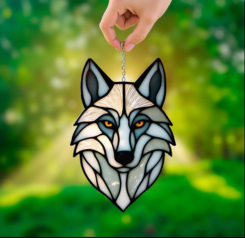 Wolf Stained Glass Pattern Glass Art Boho Decor - Suncatcher, Stained ...