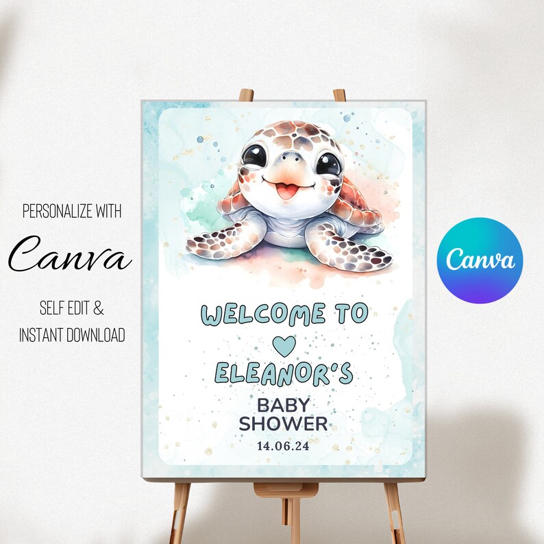 Editable Sea Turtle Baby Shower Welcome Sign, Ocean Welcome Sign, Under ...