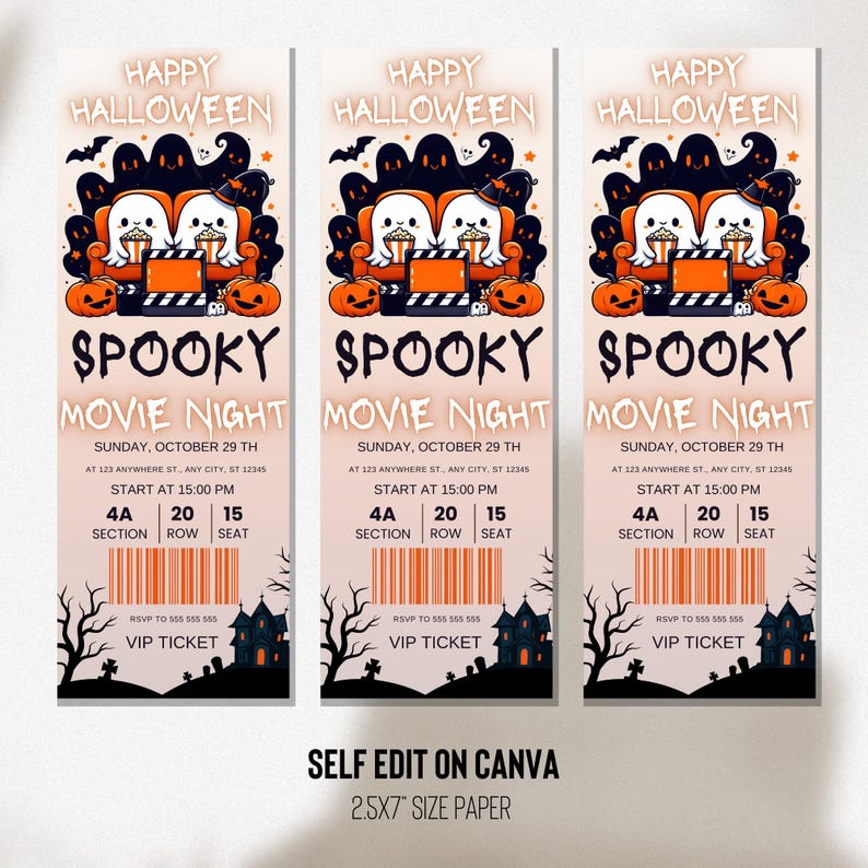 Editable Halloween Movie Night Ticket Canva Template, Halloween Party ...