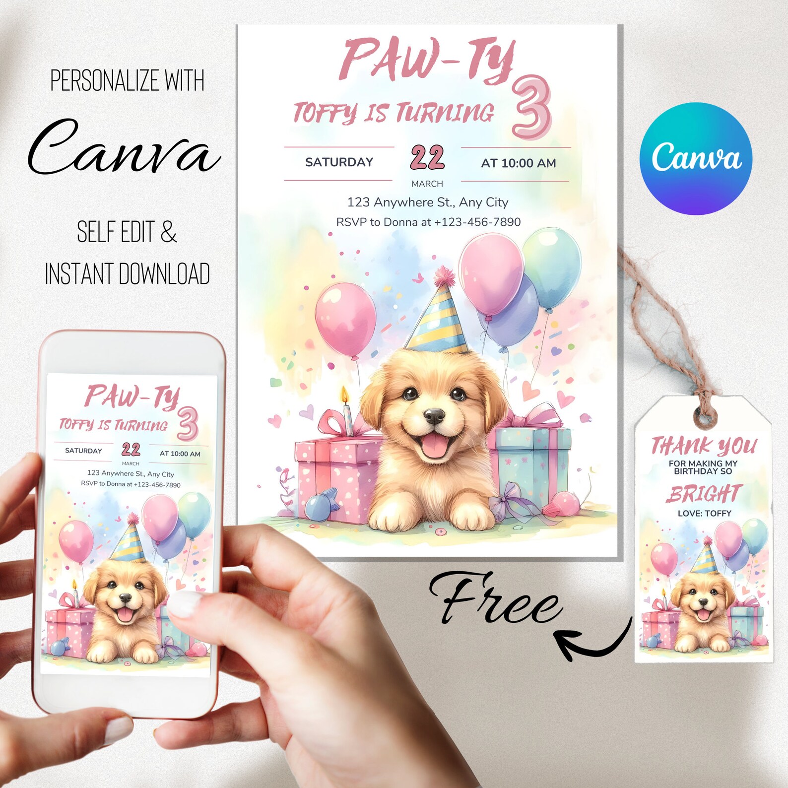 Dog Birthday Invitation, Puppy Party Invite, Lets Pawty Invite, Pet ...