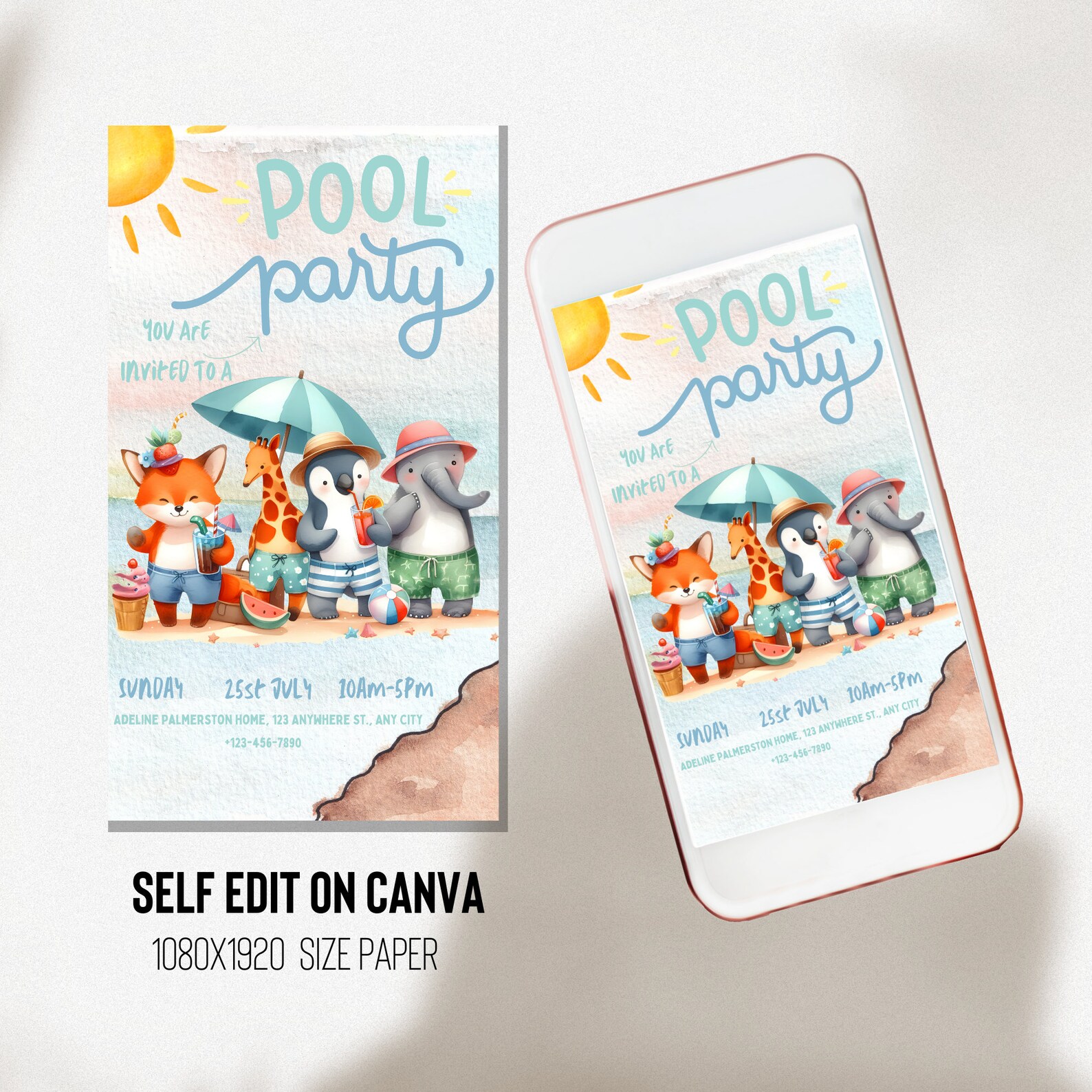 Editable Animals Pool Party Invitation, Hello Summer Party, Birthday ...