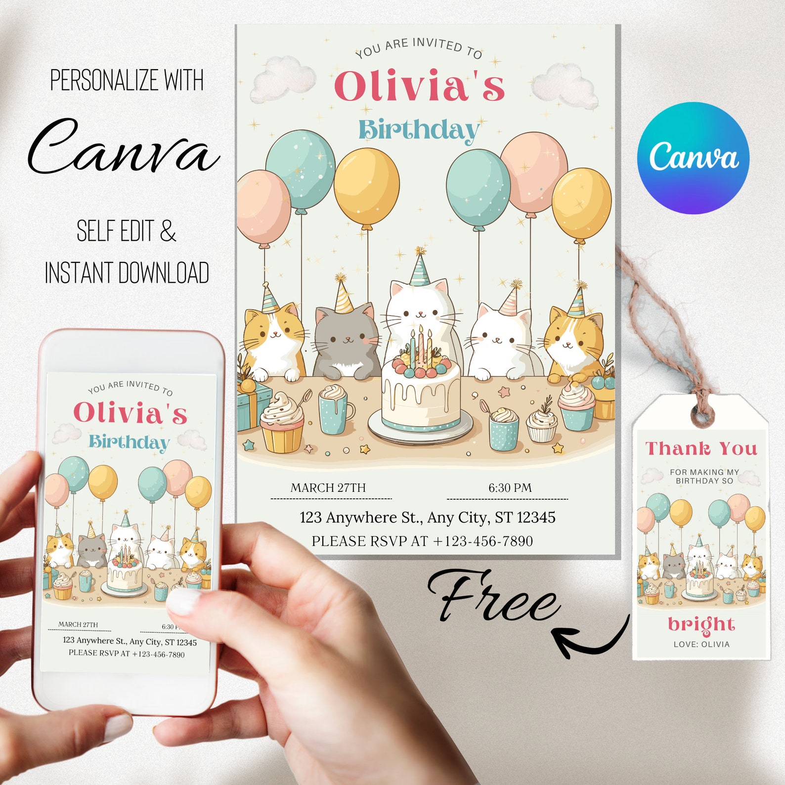 Editable Cat Birthday Invitation Canva Template, Cat Themed Party ...