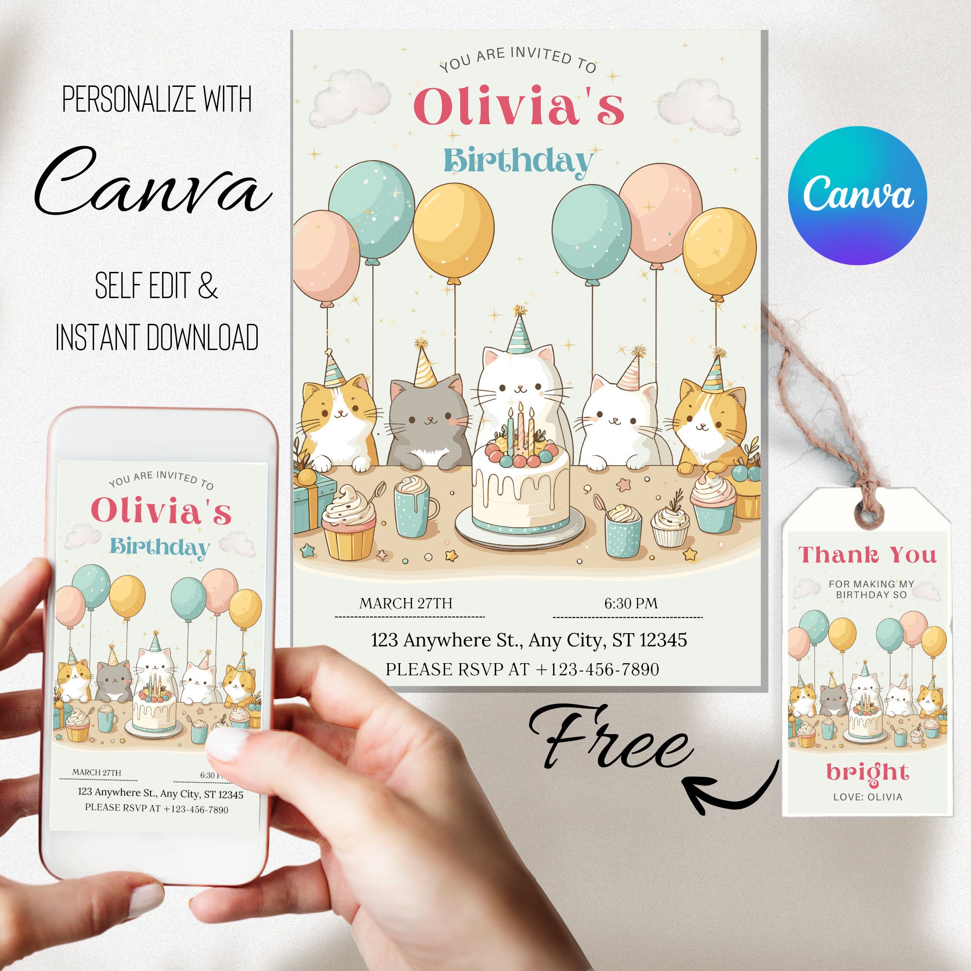 Editable Cat Birthday Invitation Canva Template, Cat Themed Party ...
