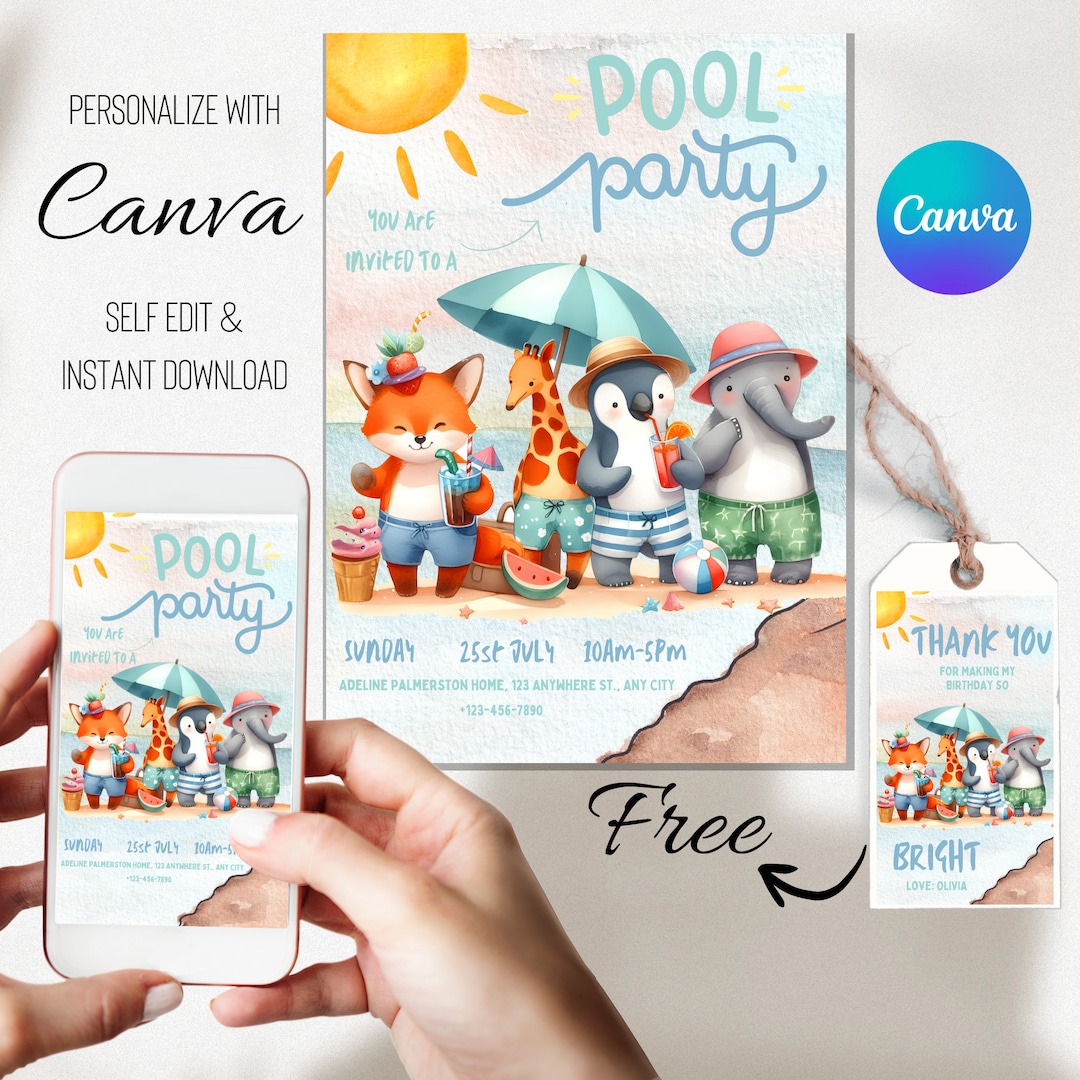 Editable Animals Pool Party Invitation, Hello Summer Party, Birthday ...