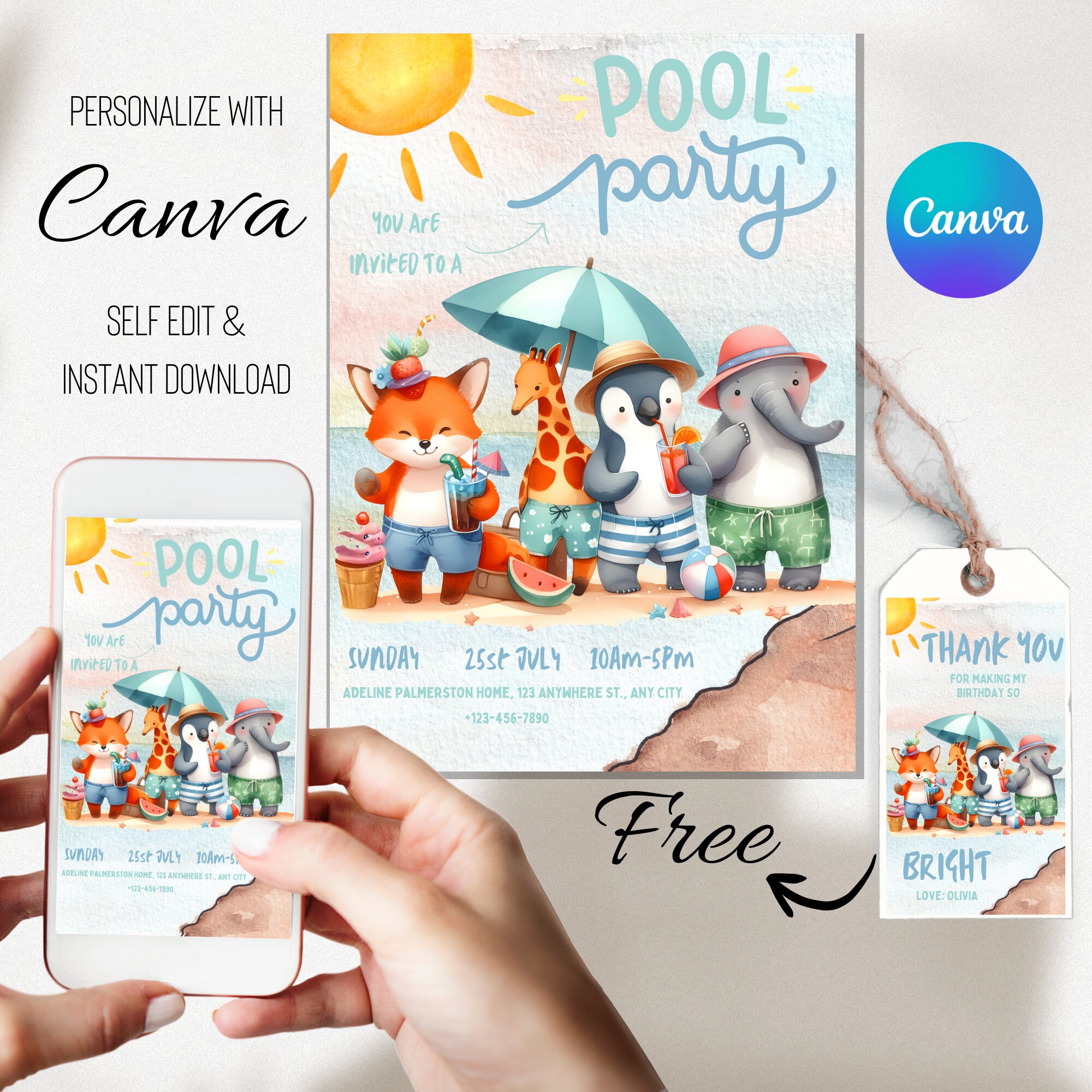 Editable Animals Pool Party Invitation, Hello Summer Party, Birthday ...