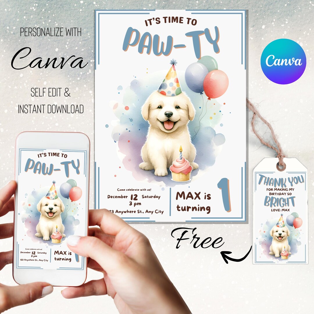 Puppy 1st Birthday Invitation Canva Template, Party Animal Invite ...