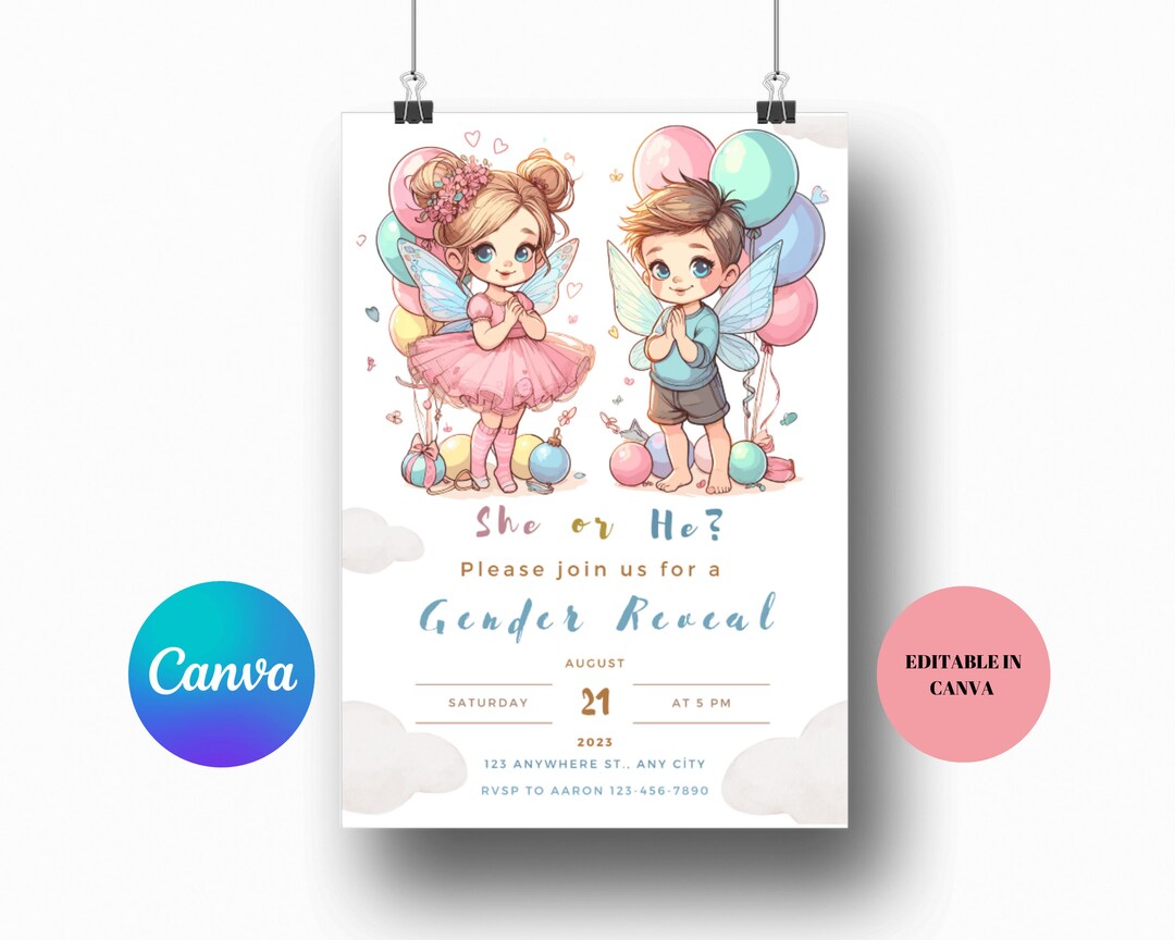 Fairies Gender Reveal Invitation Custom Design 5x7 Inches Editable on ...