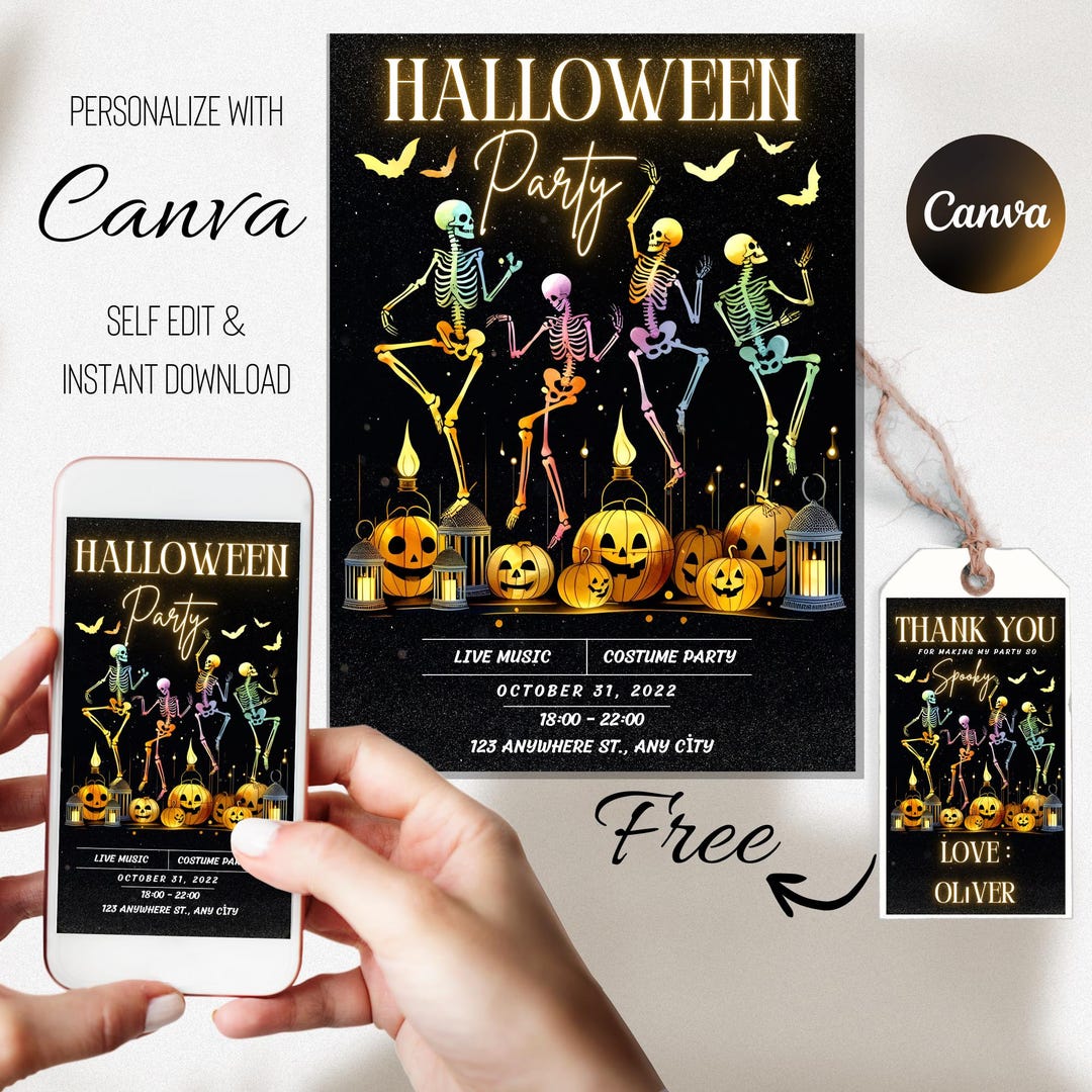 Editable Dancing Skeletons Party Invitation, Halloween Invitation ...
