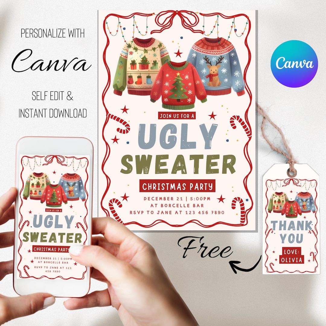Editable Ugly Sweater Party Invitation, Ugly Xmas Sweater, Ugly ...