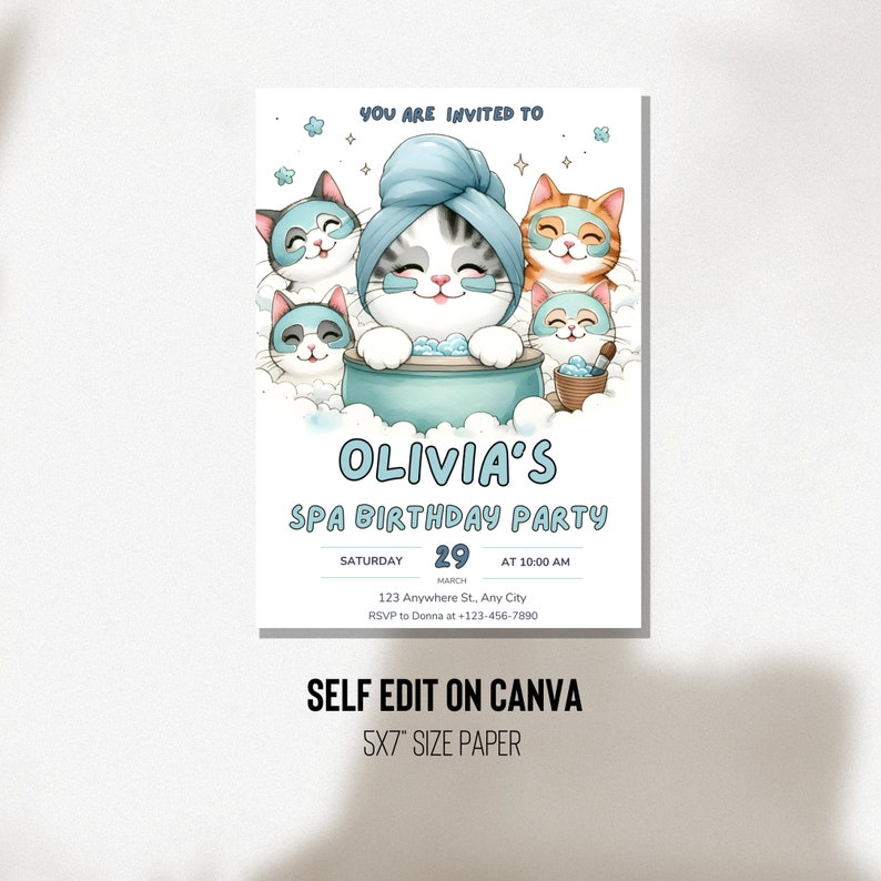 Editable Spa Birthday Party Invitation Template, Cats Birthday Party ...