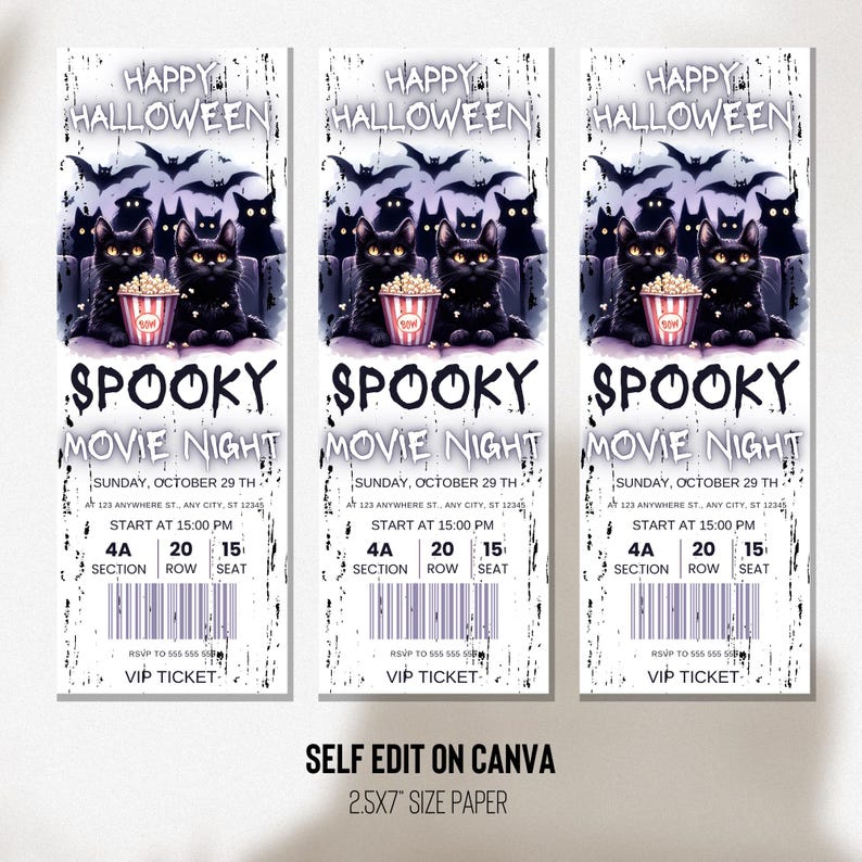 Editable Halloween Movie Night Ticket Invitation Template, Spooky Night ...
