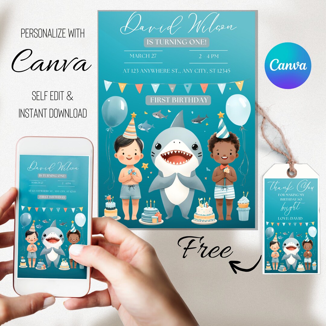 Editable Baby Shark Birthday Invitation 5x7 & FREE Thank You Card 2x3.5 ...