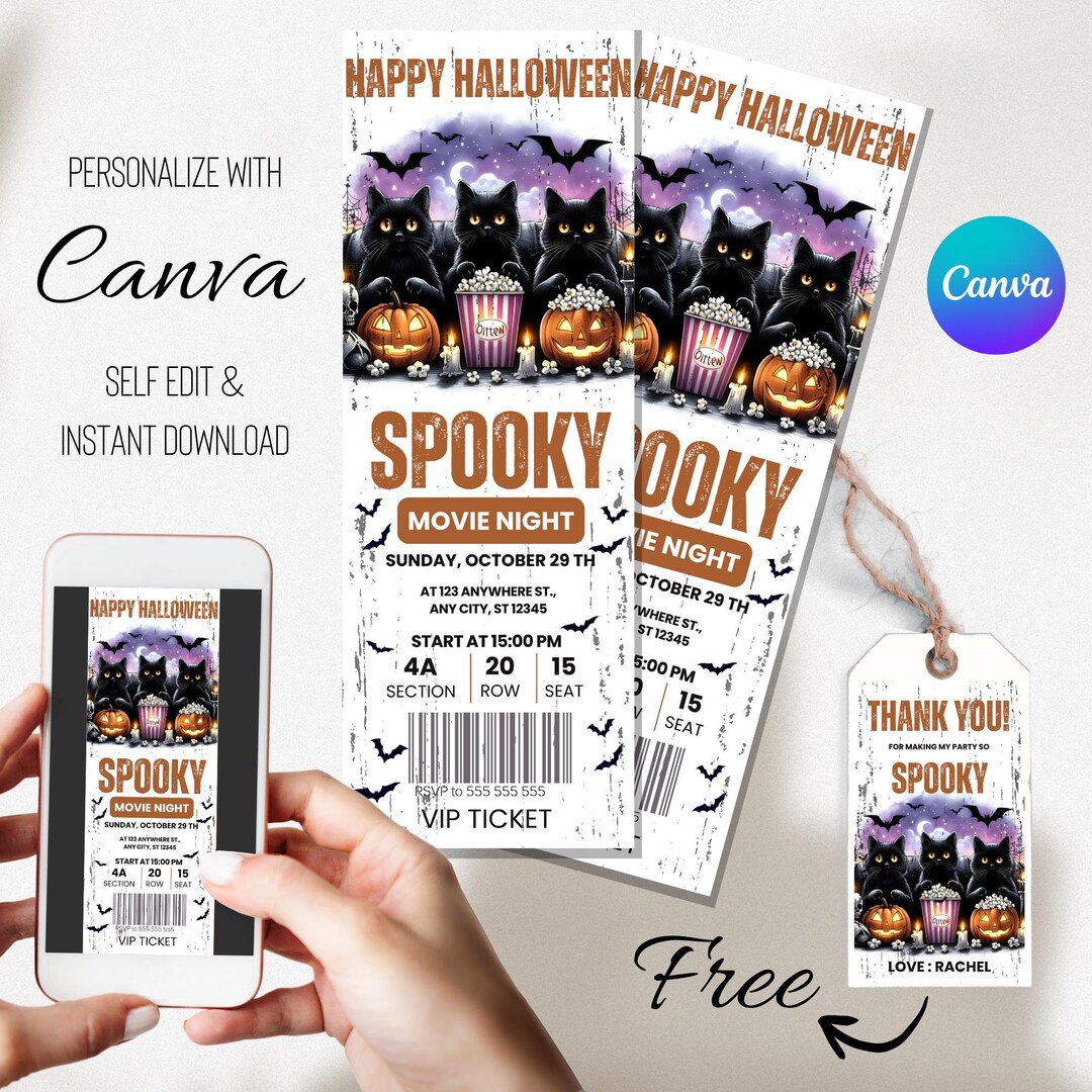 Editable Halloween Movie Night Ticket Invitation Template, Spooky Night ...