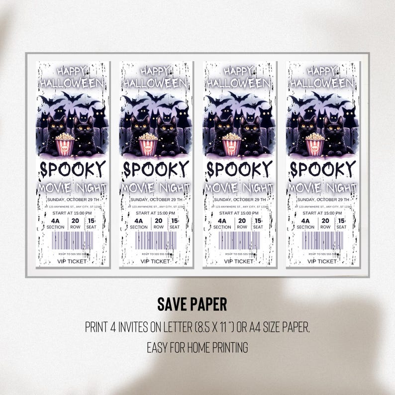 Editable Halloween Movie Night Ticket Invitation Template, Spooky Night ...