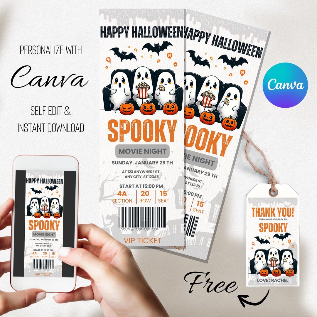 Editable Halloween Movie Night Ticket Invitation Canva Template, Spooky ...