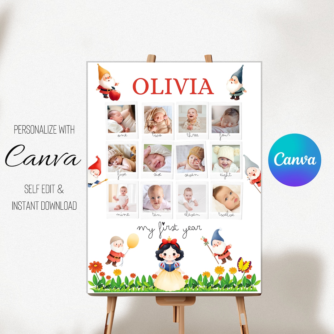 Snow White First Birthday Photo Collage: Customizable Milestone Poster ...