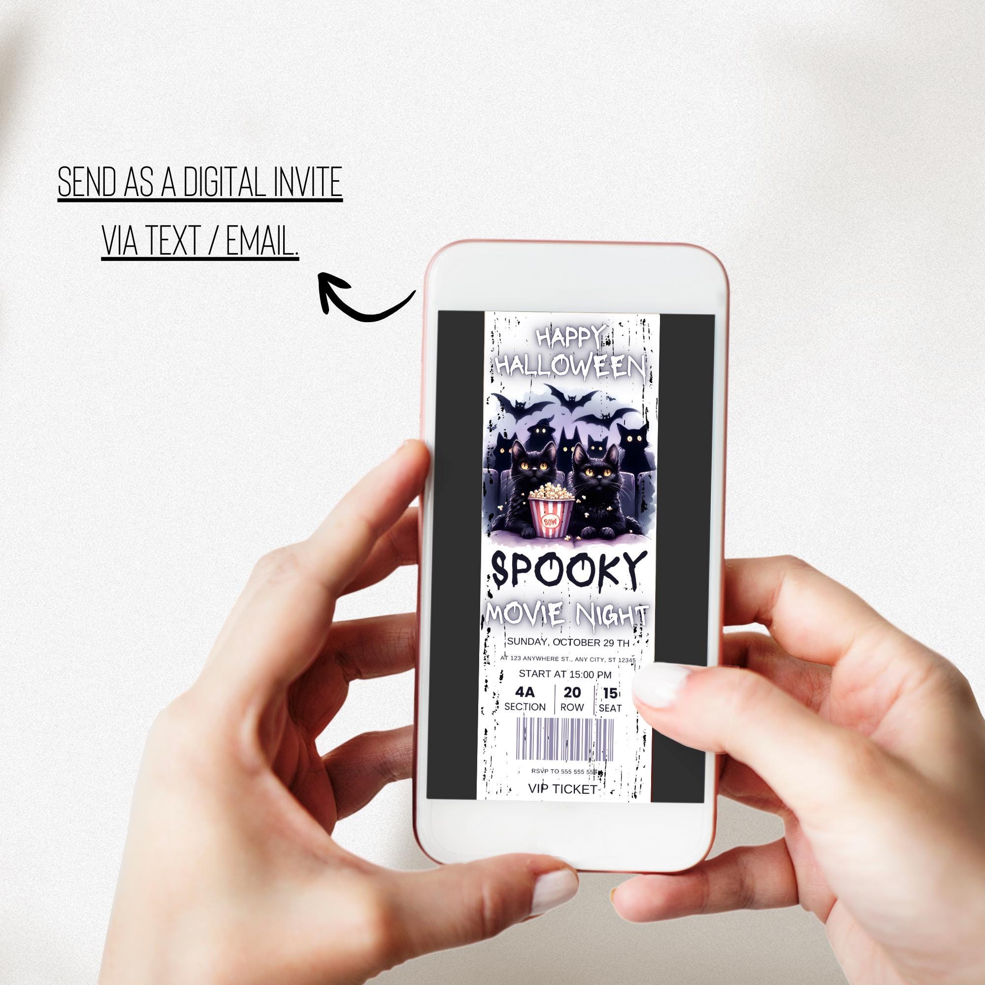 Editable Halloween Movie Night Ticket Invitation Template, Spooky Night ...