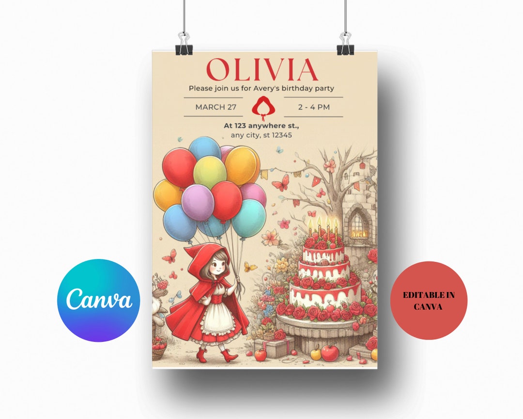 Little Red Riding Hood Digital Birthday Invitation Custom Design 5x7 ...