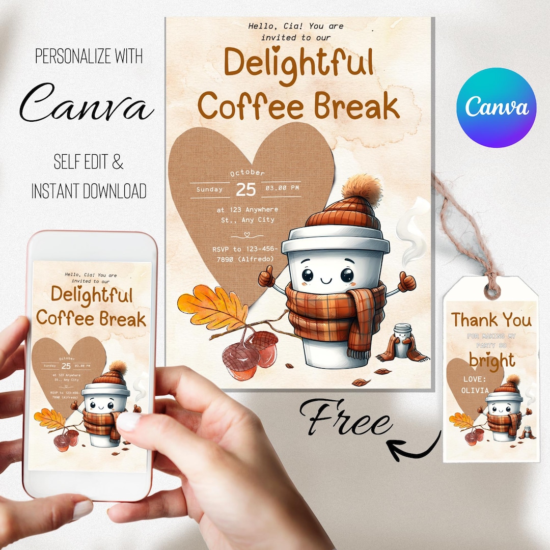 Editable Coffee Meeting Invitation Canva Template, Coffee Break Evite ...