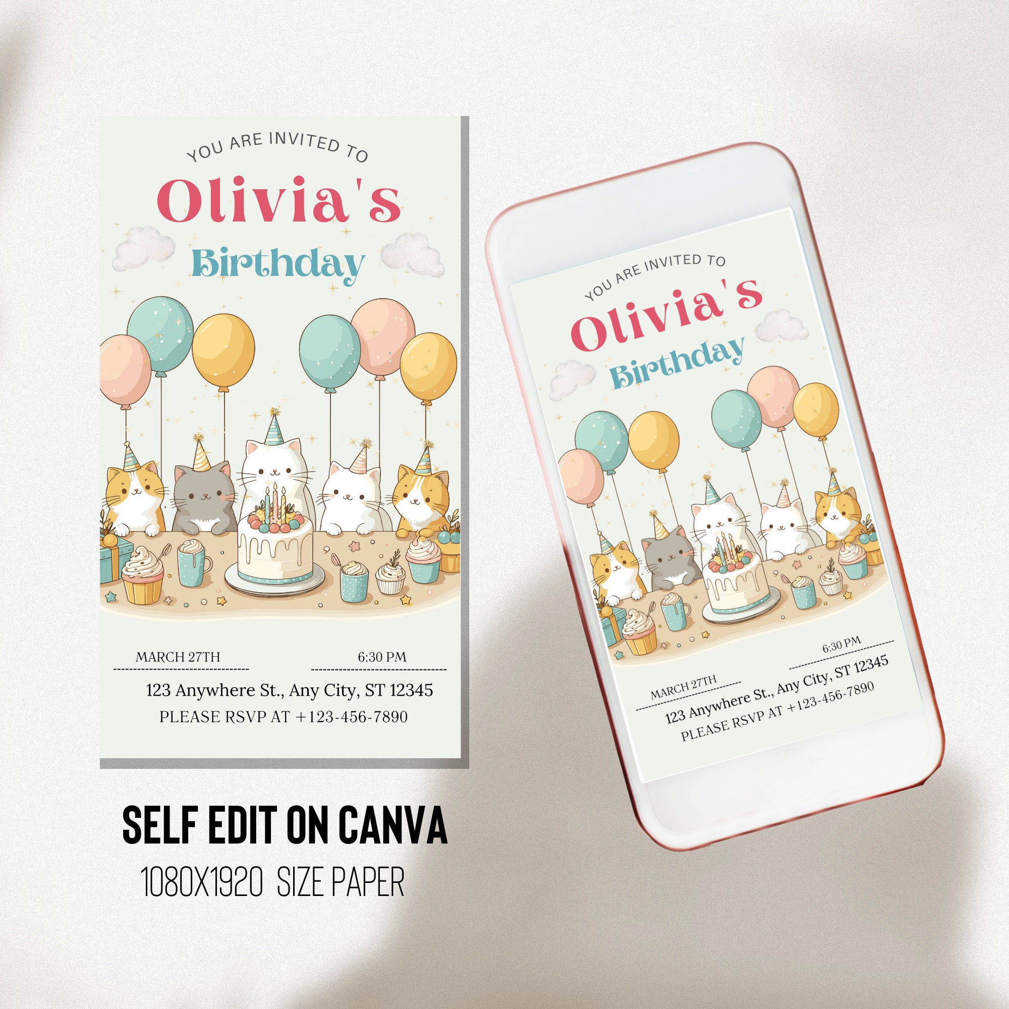 Editable Cat Birthday Invitation Canva Template, Cat Themed Party ...