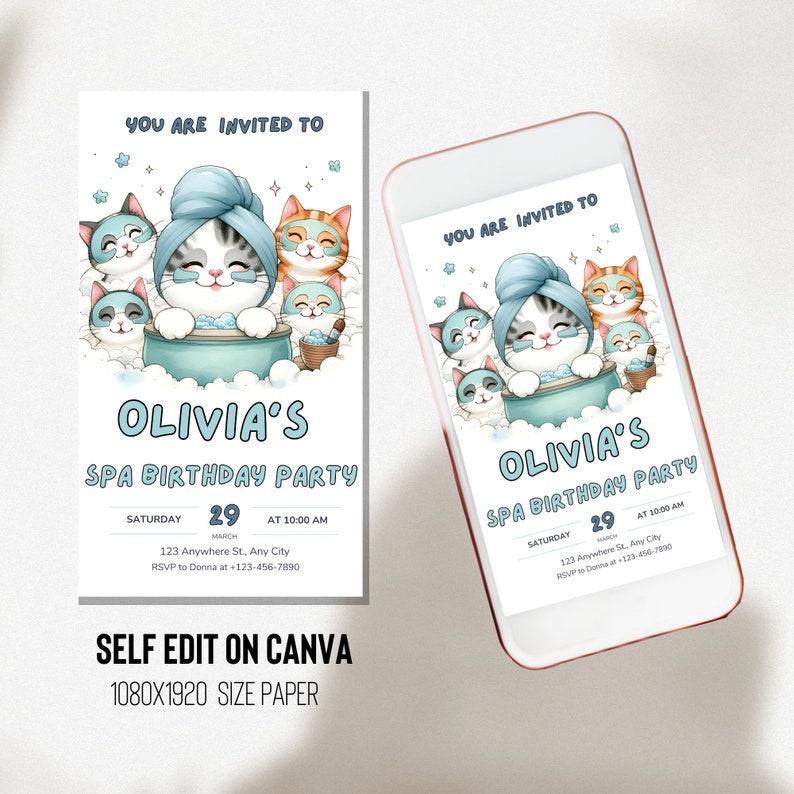Editable Spa Birthday Party Invitation Template, Cats Birthday Party ...