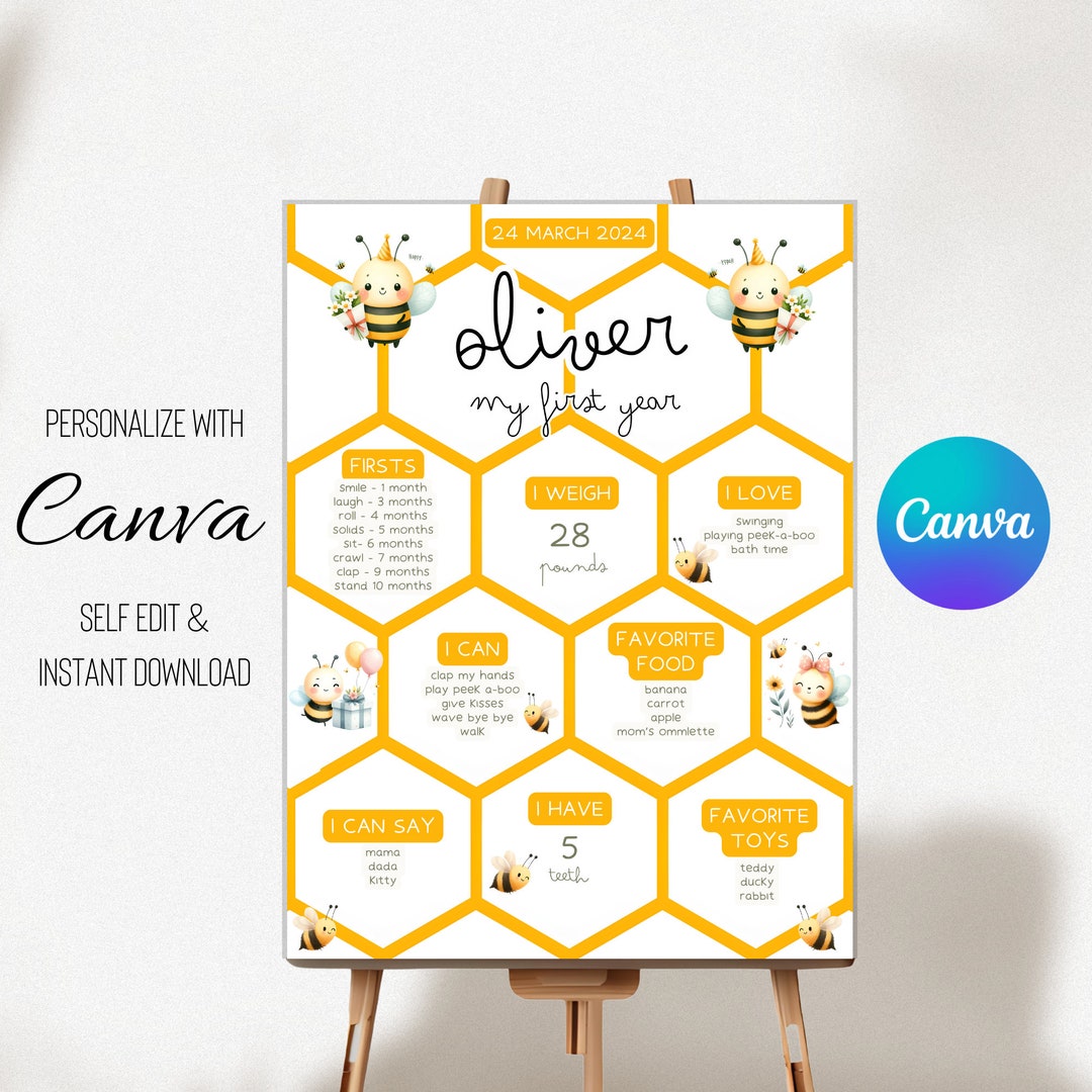 Editable 1st Baby Bee Milestone Sign Canva Template, Honey Bee Birthday ...