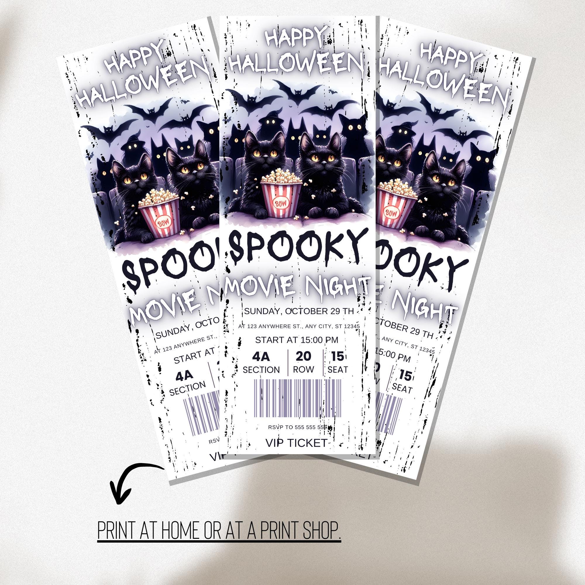 Editable Halloween Movie Night Ticket Invitation Template, Spooky Night ...