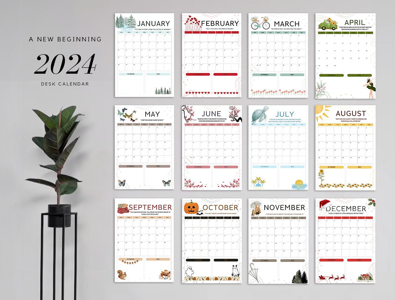 12 Month 2024 Digital Calendar Printable Desk Calendar - Etsy