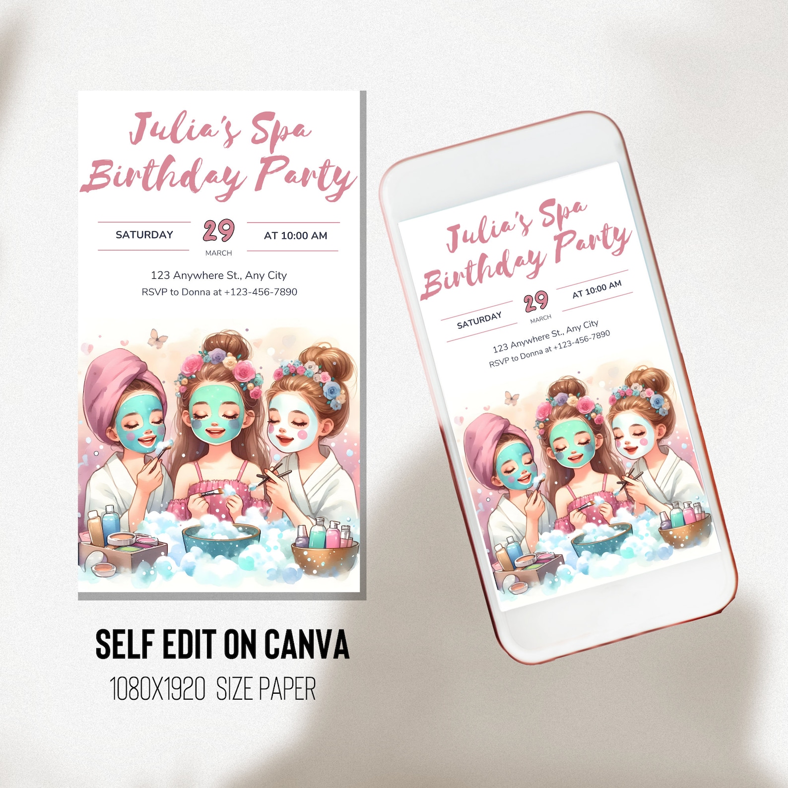 Editable Spa Birthday Party Invitation Canva Template, Spa Day Party ...