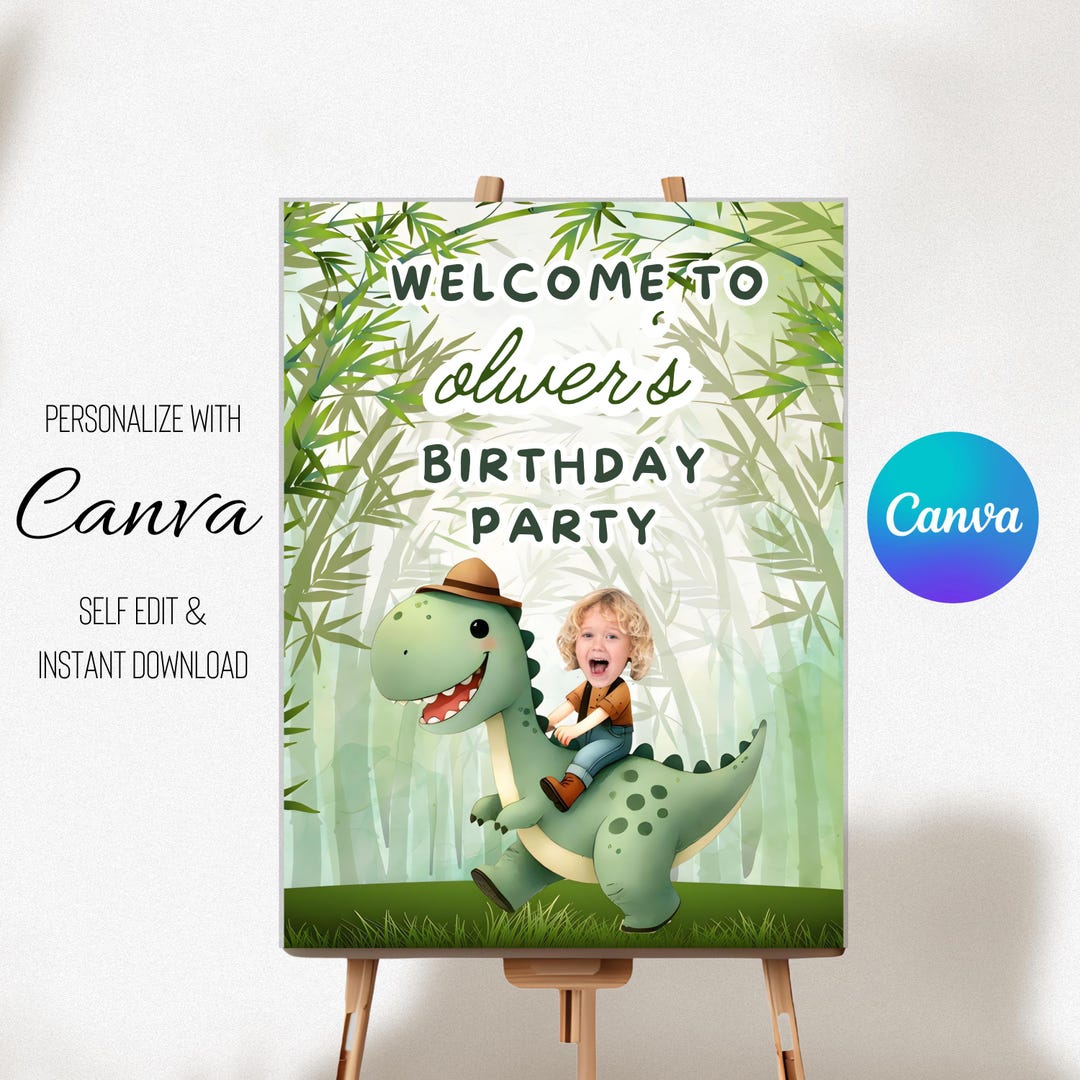 Dinosaur Birthday Welcome Sign: Custom Photo, Canva Template (digital ...