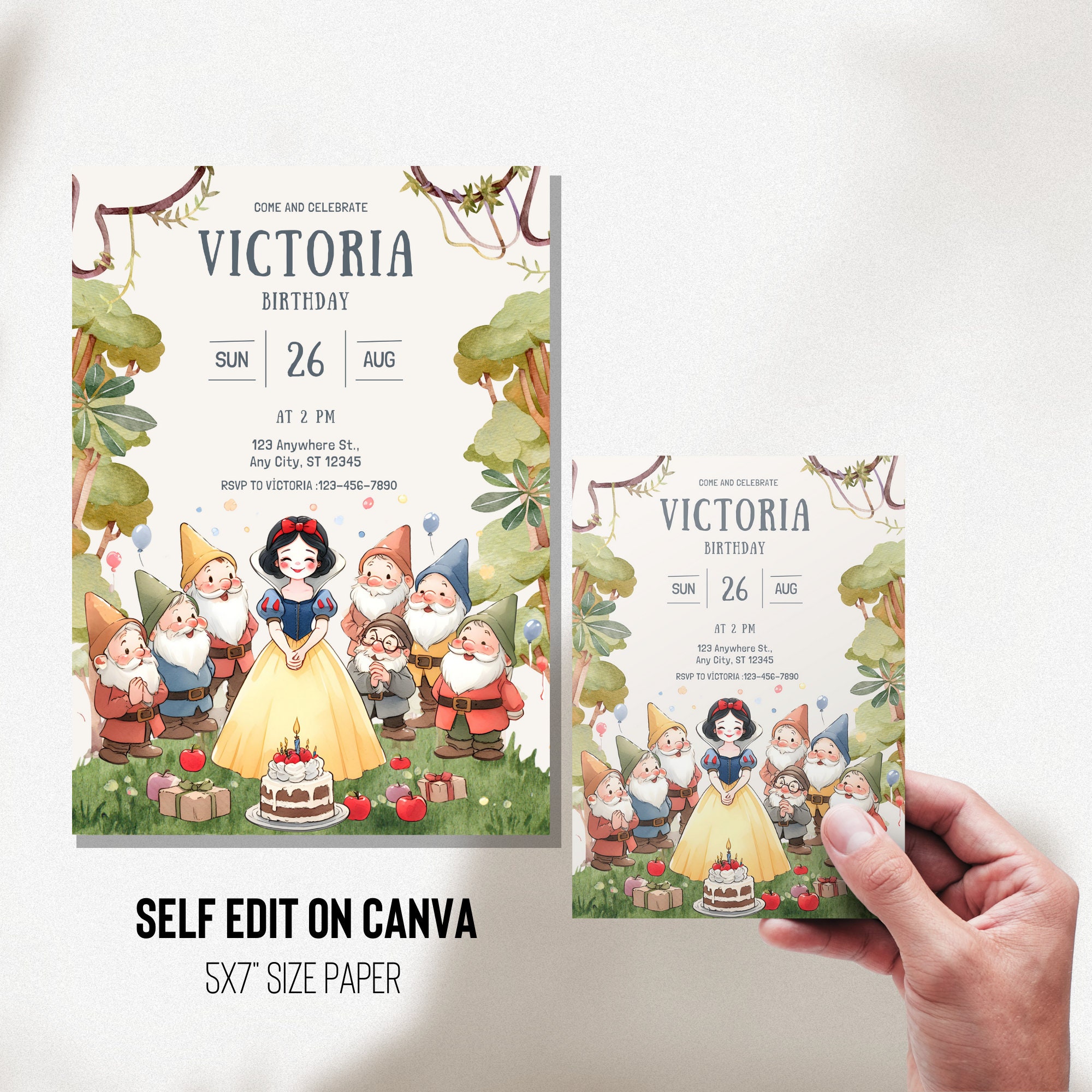 Editable Snow White & Seven Dwarfs Birthday Invitation and Thank You ...