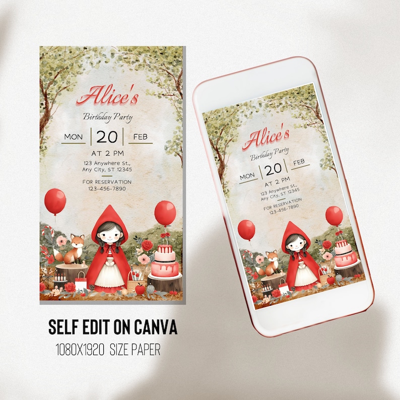 Editable Red Riding Hood Birthday Invitation: Woodland Party (digital ...