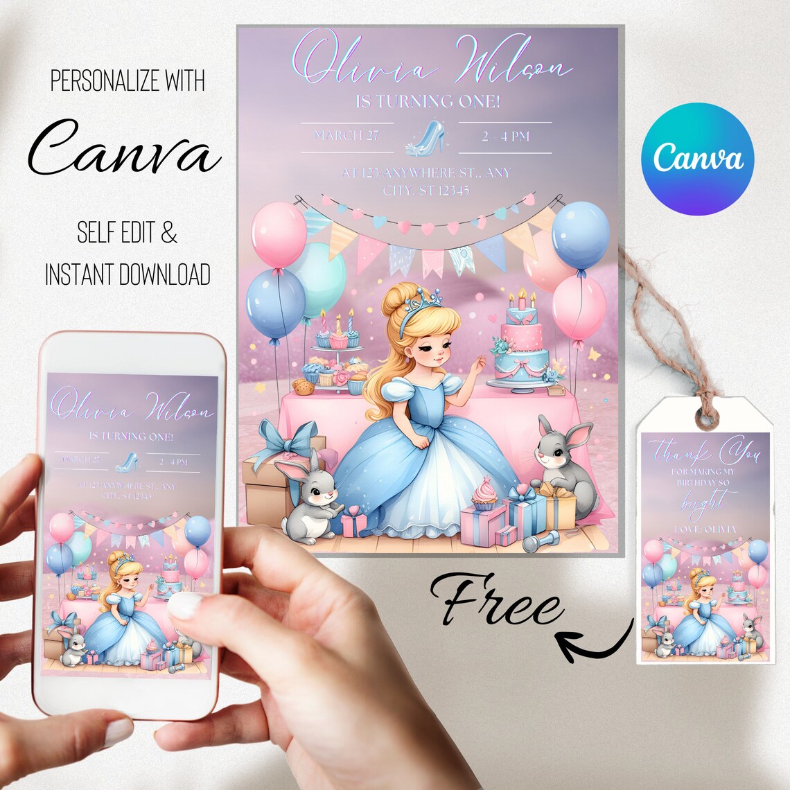 Cinderella Birthday Party Invitation Set 5x7 Printable & 1080x1920 ...