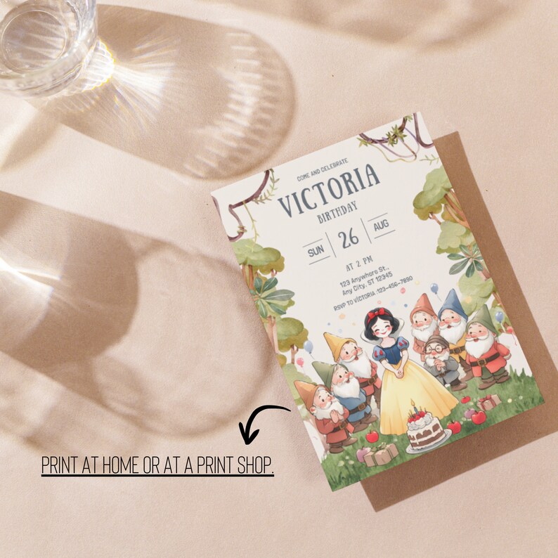 Editable Snow White & Seven Dwarfs Birthday Invitation and Thank You ...