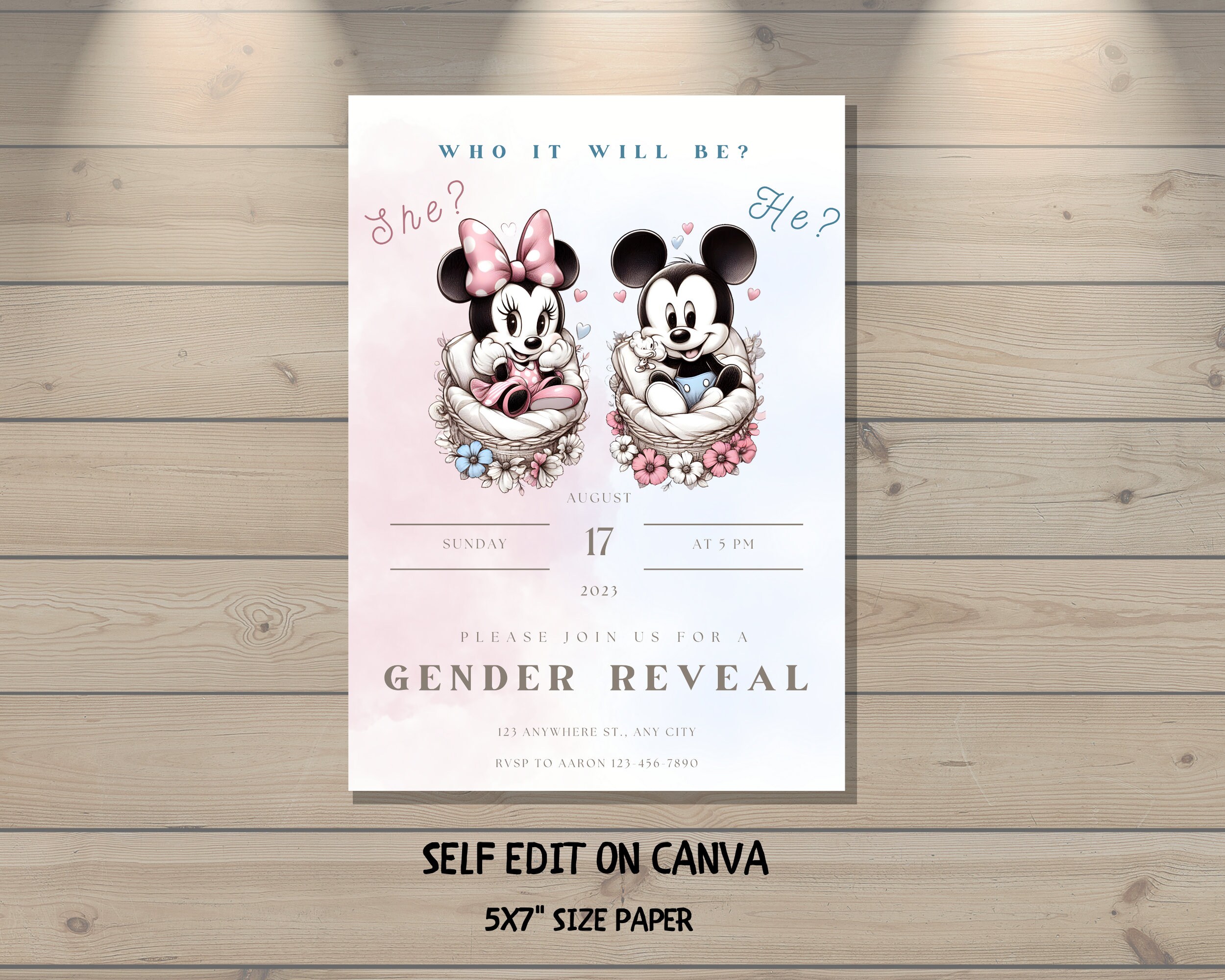Minnie & Mickey Mouse Gender Reveal Invitation he or She Custom Design ...