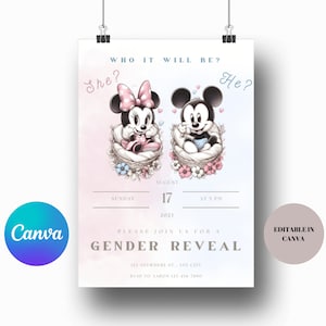 Editable Mickey Mouse Gender Reveal Invitation Gender Neutral Mickey or ...
