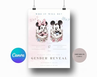 Editable Mickey Mouse Gender Reveal Invitation Gender Neutral Mickey or ...