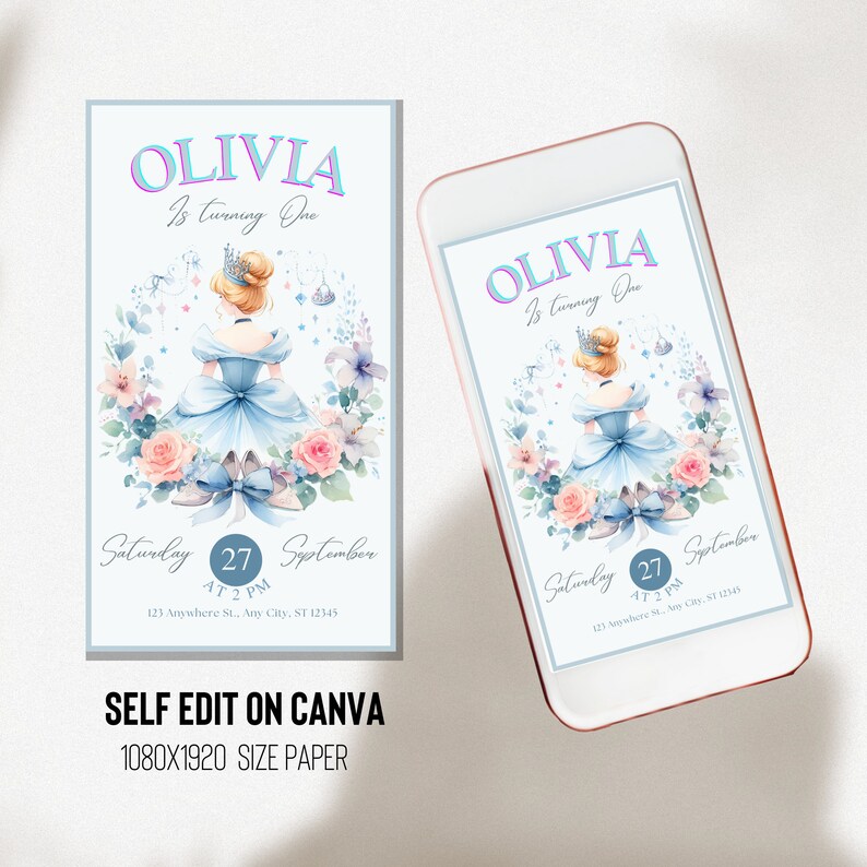 Editable Cinderella Birthday Invitation 5x7 FREE Thank You Card ...