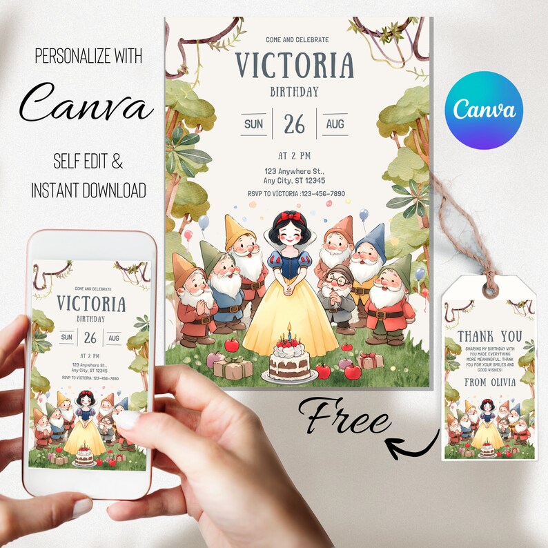 Editable Snow White & Seven Dwarfs Birthday Invitation and Thank You ...