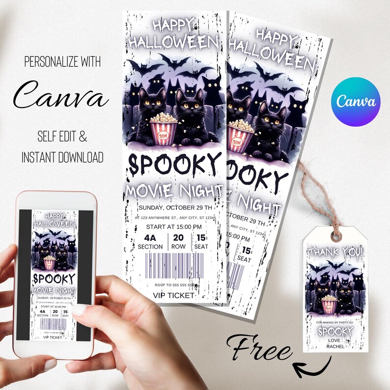 Editable Halloween Movie Night Ticket Invitation Template, Spooky Night ...