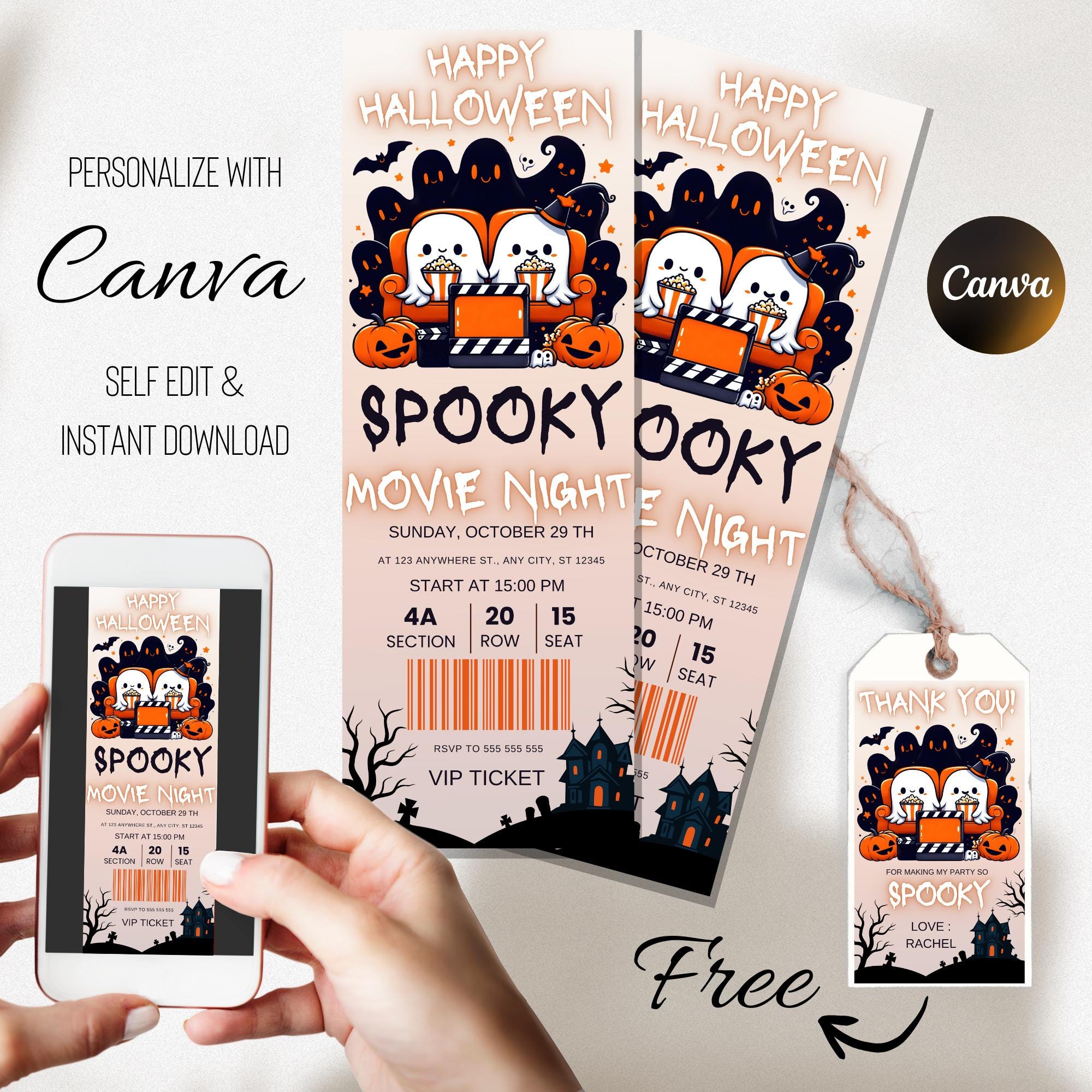 Editable Halloween Movie Night Ticket Canva Template, Halloween Party ...