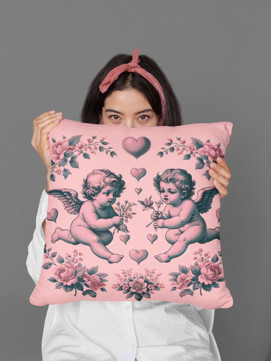 Pink Vintage Throw Pillow, Cherubs, Decor, Gifts for Valentines Day ...
