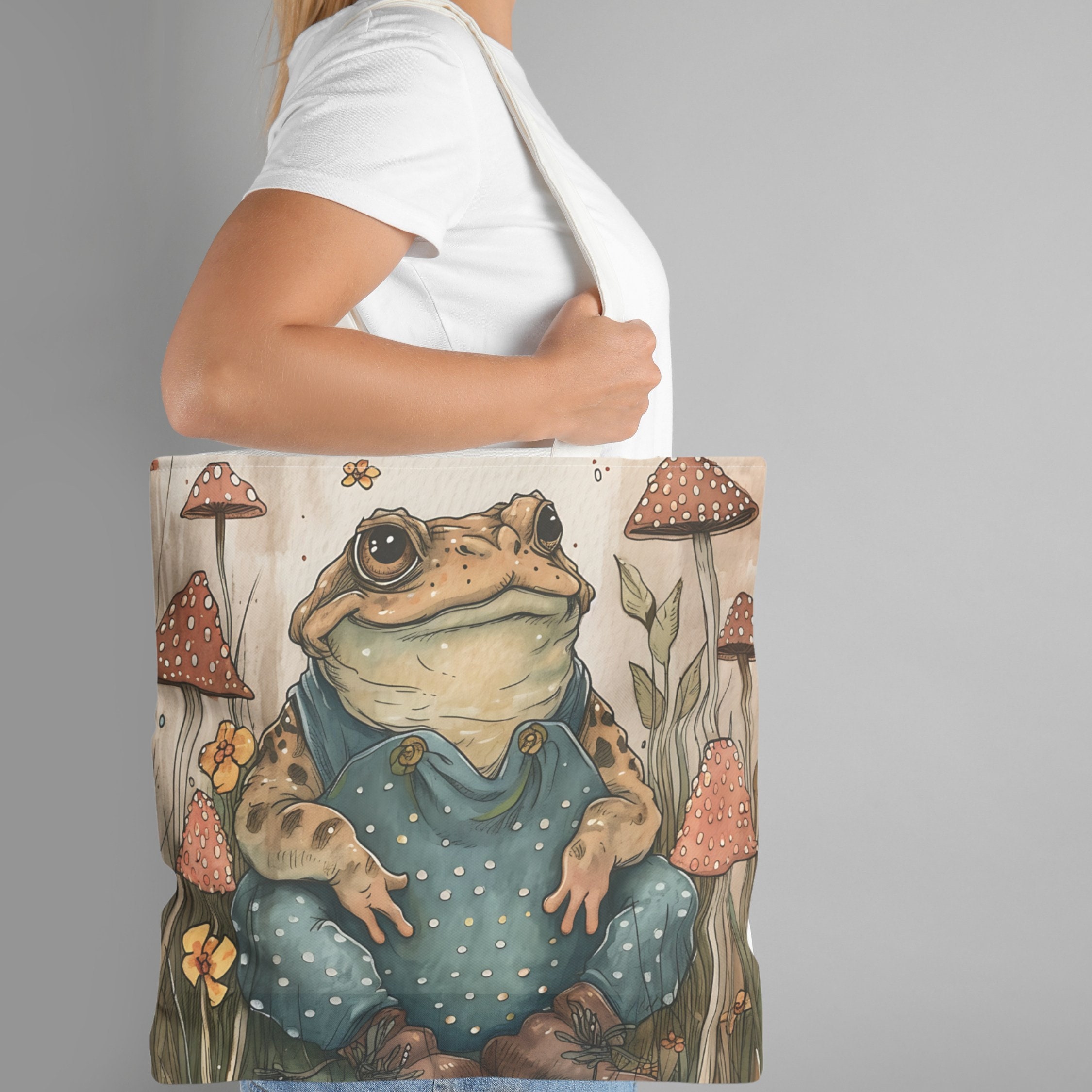 Toad and Mushroom Tote Bag, Vintage Cottagecore Style, Watercolor ...
