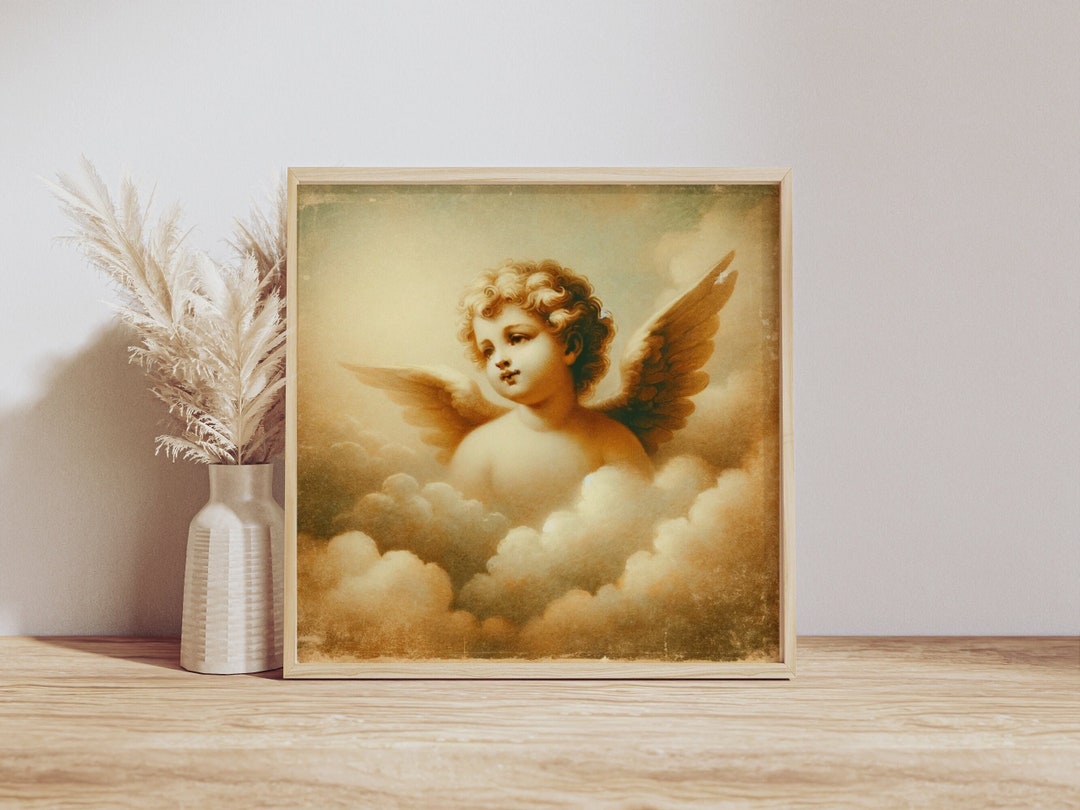 Cherub Angel Vintage Wall Art, Angel in Clouds Vintage Canvas Print ...