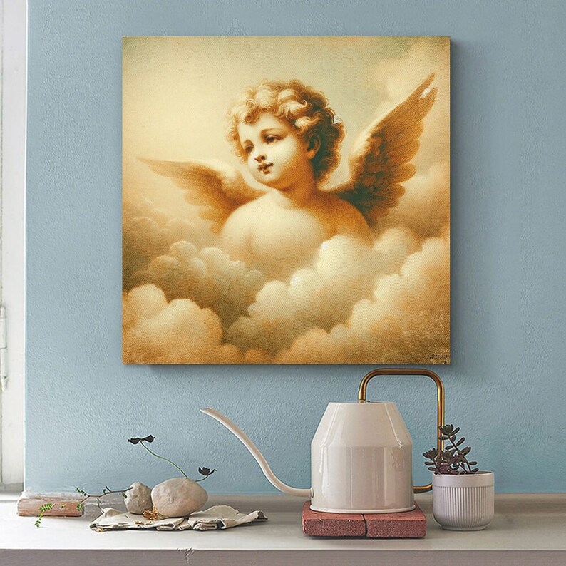 Cherub Angel Vintage Wall Art, Angel in Clouds Vintage Canvas Print ...