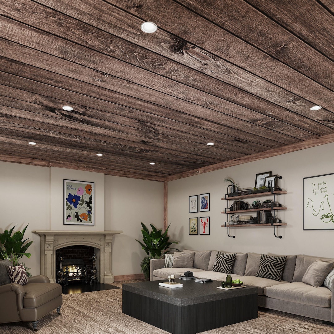 Rustic Wood – Brown Wooden Plank Ceiling Print, Easy to Install High ...