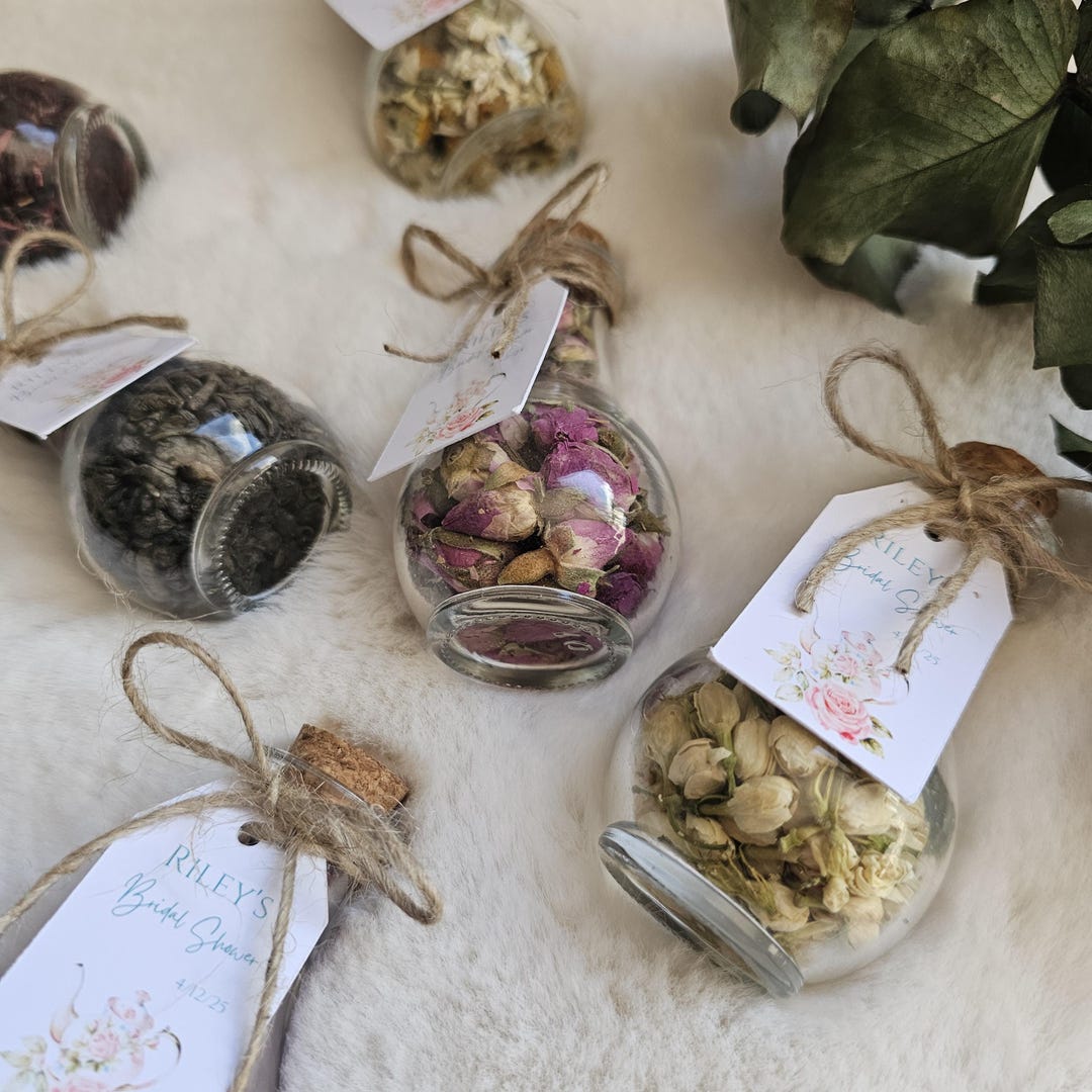 Custom Tea Favors in Mini Glass Bottles - Herbal Loose Leaf Tea Wedding ...